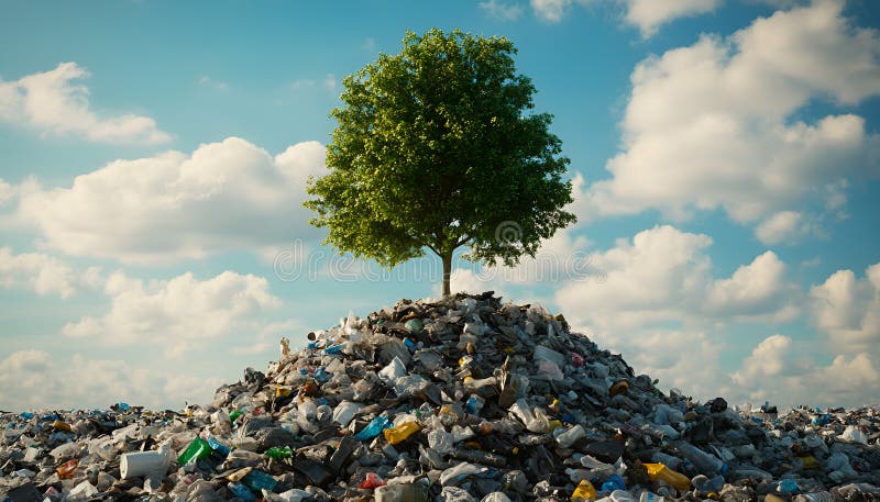 Lonely Tree Standing Amidst Pile of Garbage Symbolizing Environmental ...