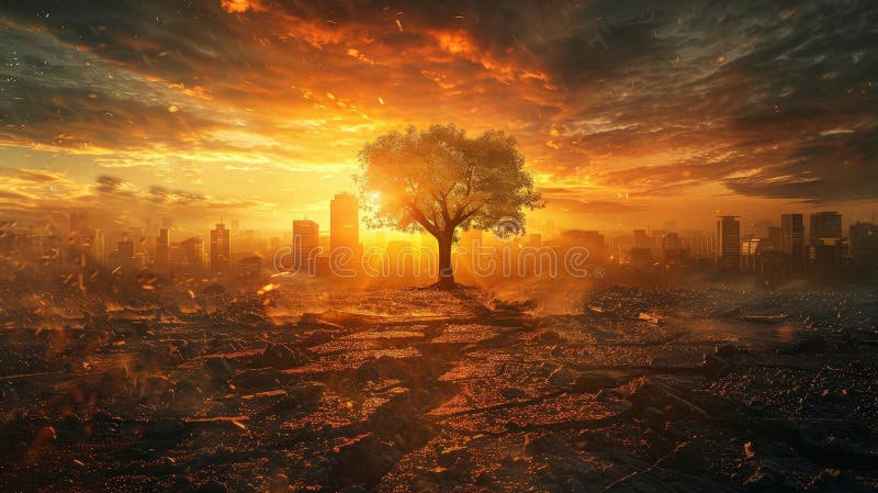 Lonely Tree Standing Resiliently Amidst a Devastated Cityscape during a ...