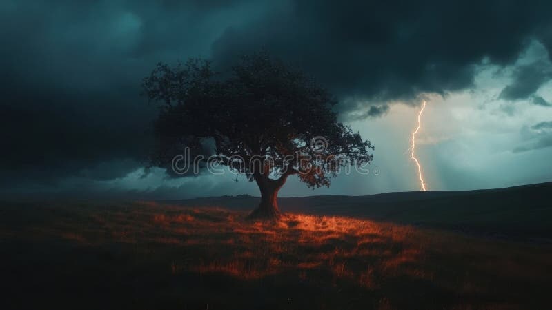 A Lonely Tree Stands in a Stormy Landscape, Illuminated by a Flash of ...