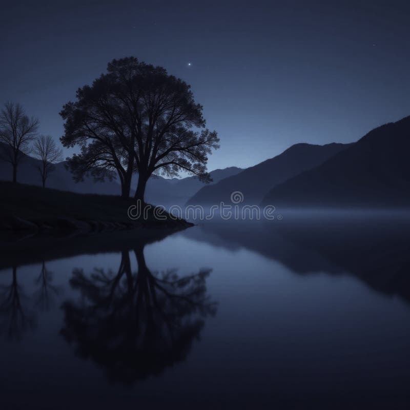 Lonely Trees Reflect in Calm Lake Surface Under Night Sky, Water ...