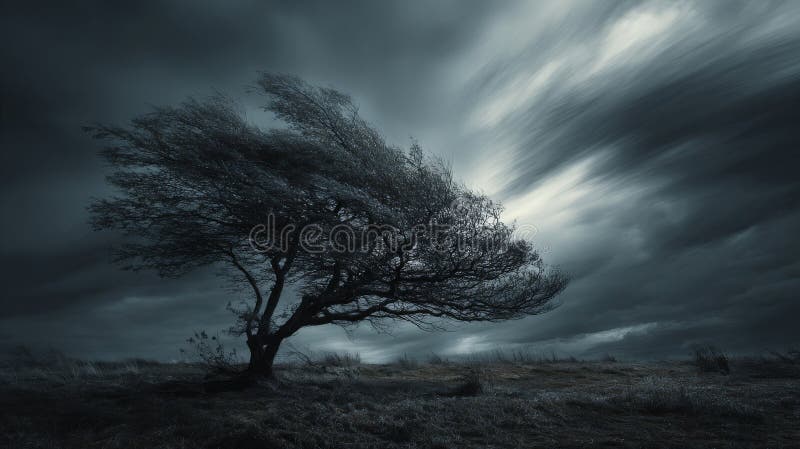 Lonely Windblown Tree during Dramatic Storm in Dark Cloudy Landscape ...