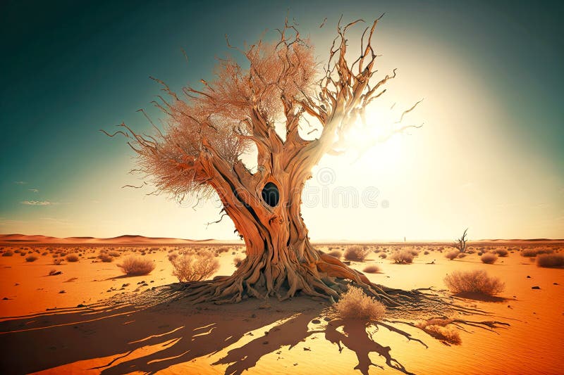 Lonely Withered Tree Falling Apart in Wind and Under Scorching Rays of ...