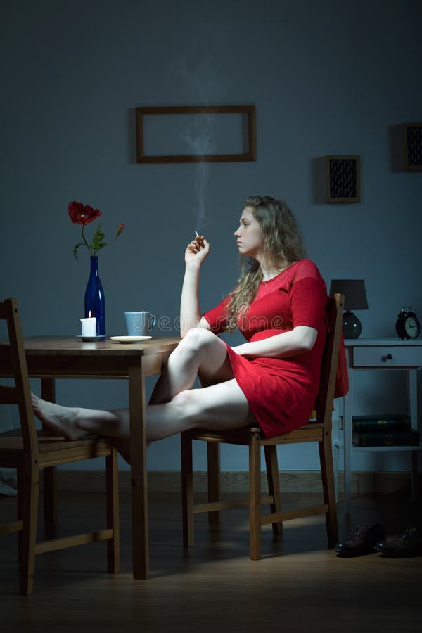 Lonely Woman Smoking Cigarette Stock Image - Image of miserable, alone ...
