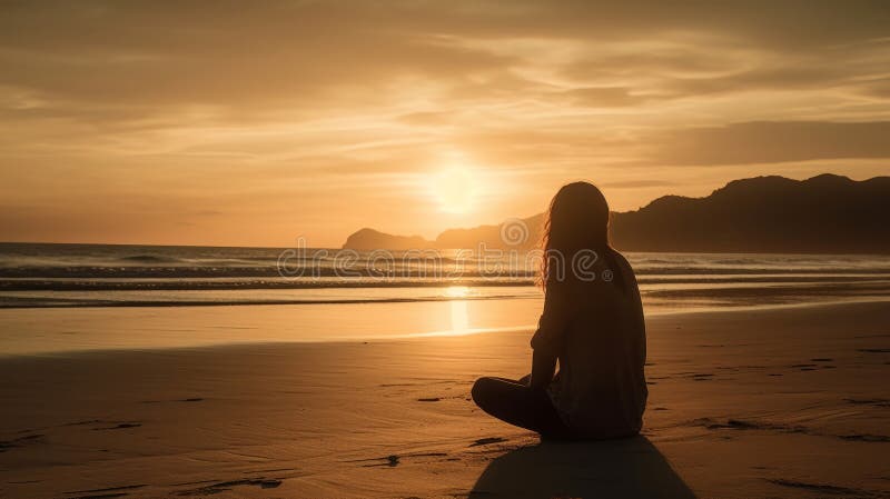 Lonely Woman Thinking about Life on a Beach at Sunset. Generative Ai ...