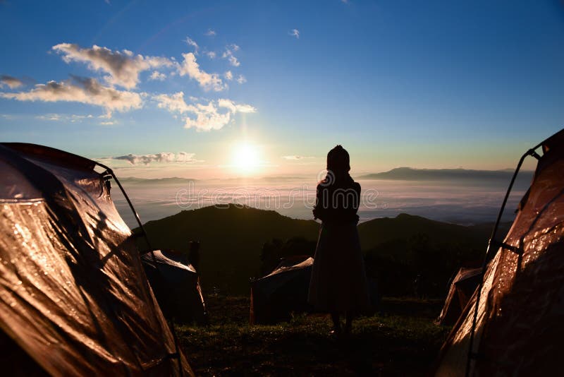Lonely Woman Watching the Sun Rise. Stock Image - Image of chiang ...