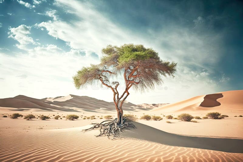 Lonely Young Thin Tree in Sand Dunes of Desert Stock Illustration ...