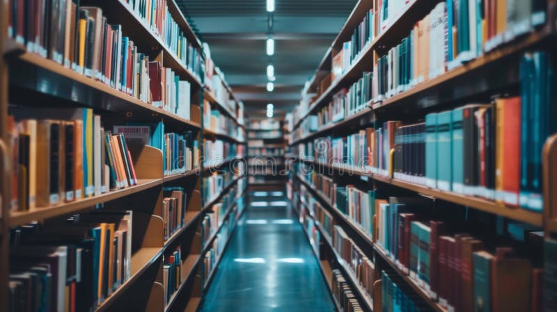 A Long Aisle between Rows of Bookshelves Filled with Books in a Quiet ...