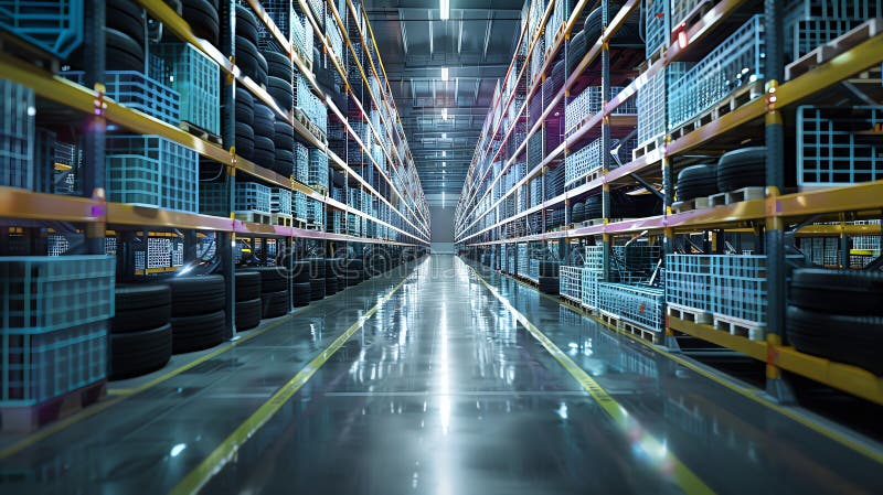 A Long Aisle in a Warehouse with Shelves Stocked with Goods. the Floor ...