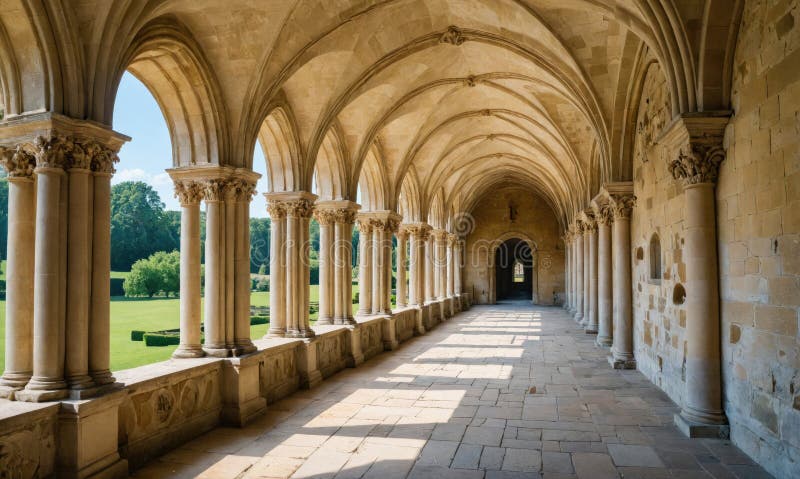A Long, Arched Hallway in an Old Building, with Sunlight Streaming in ...