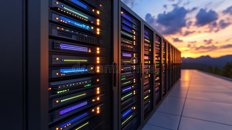 Array of Servers on Tile Floor at Sunset with Mountains and Trees ...