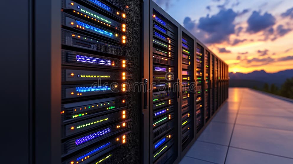 Array of Servers on Tile Floor at Sunset with Mountains and Trees ...