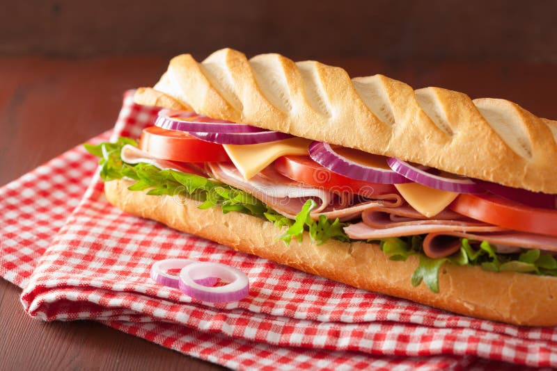 Long Baguette Sandwich with Ham Cheese Tomato Lettuce Stock Image ...