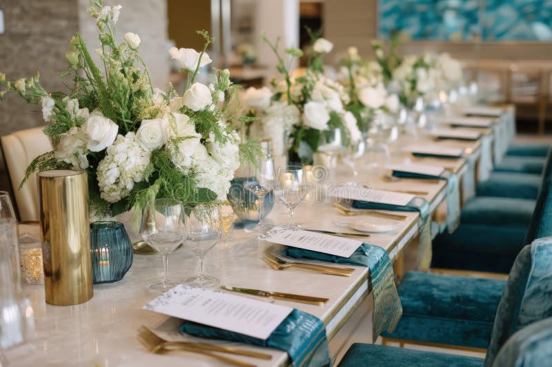 A Long Banquet Table Adorned with Plates, Glasses, and Vibrant Flowers ...