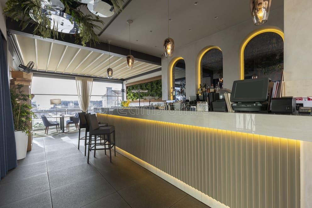 Long Bar Counter in Cafe Bar Editorial Photography - Image of coffee ...