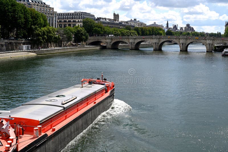 Long Barge on the Seine River in Paris Editorial Photography - Image of ...