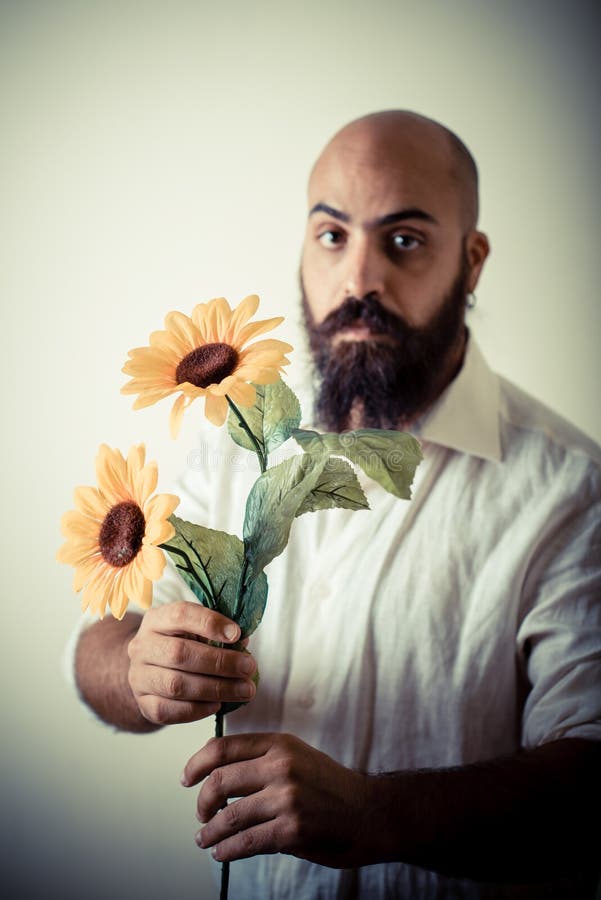 Long Beard and Mustache Man Giving Flowers Stock Image - Image of mouth ...