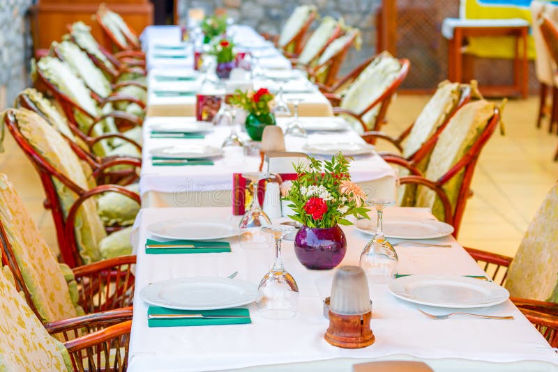 Beautifully Set Table is Reserved for Guests of Restaurant Stock Photo ...