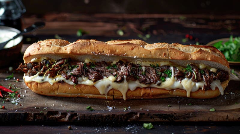 A Long Beef Cheesesteak Sandwich Topped with White Cheese. Stock Image ...