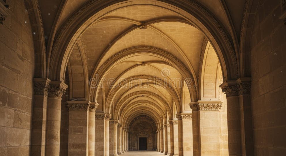 Long Beige Stone Archway Corridor Interior Stock Illustration ...