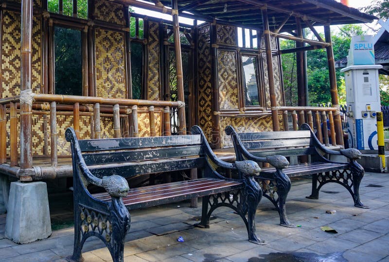 Long Bench in Front of a Traditional Bamboo House from Java Stock Photo ...