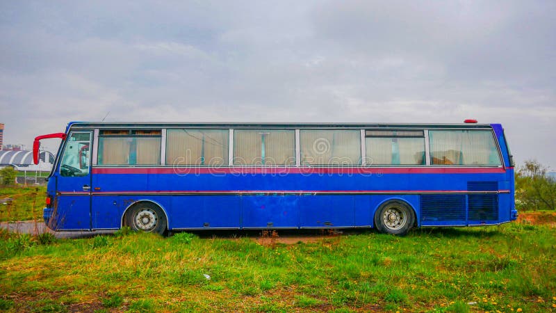 Long Blue Bus Stands on the Road Stock Image - Image of icon, leak ...