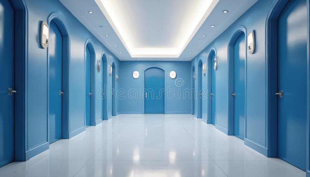 Long Blue Corridor with Doors, Modern Interior Design. Empty Hall ...