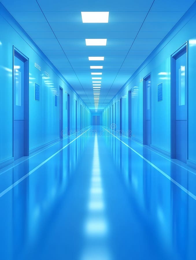Long Blue Corridor Modern Architecture Clean Interior Bright Lights ...