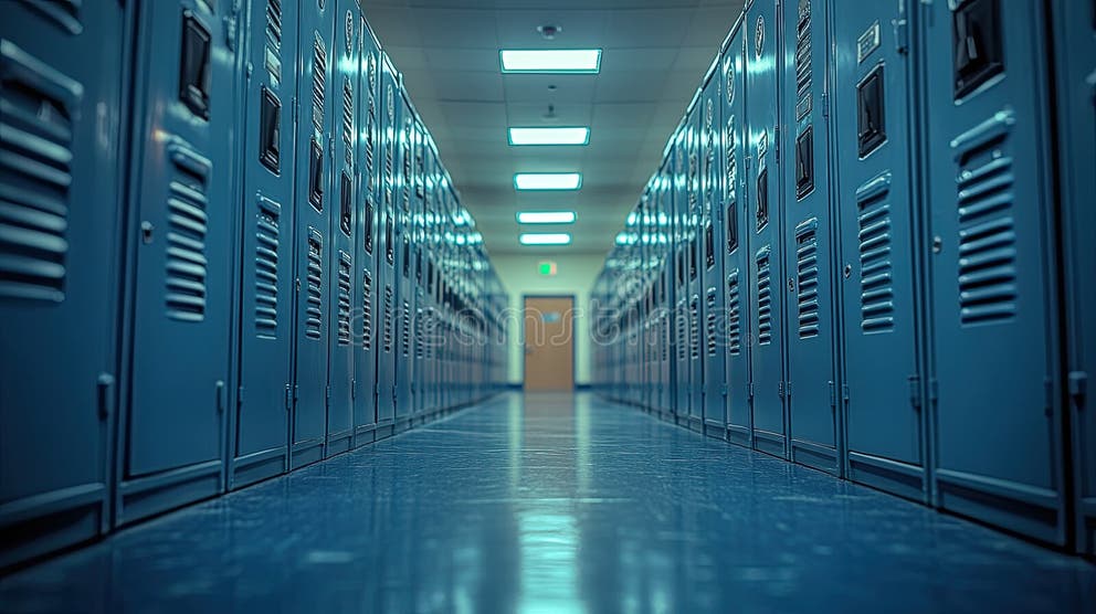 Long Blue Locker Hallway, School Corridor, Exit Stock Illustration ...