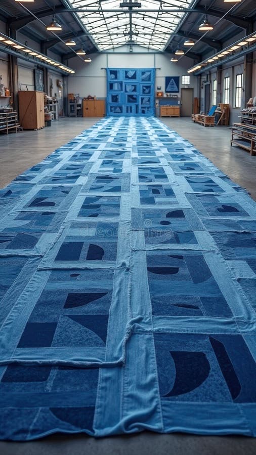 Long Blue Quilt with Patterns in Industrial Workshop Setting Stock ...