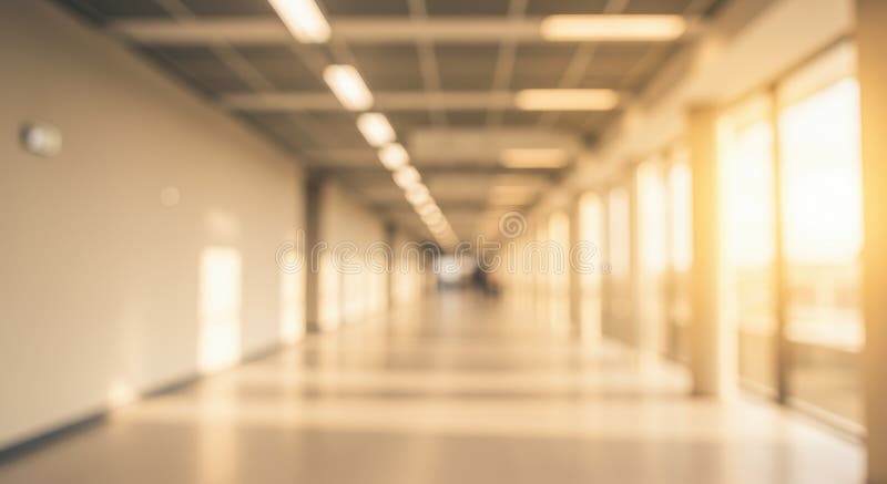 Abstract Blurred Perspective of a Long Hallway with Lights and Windows ...
