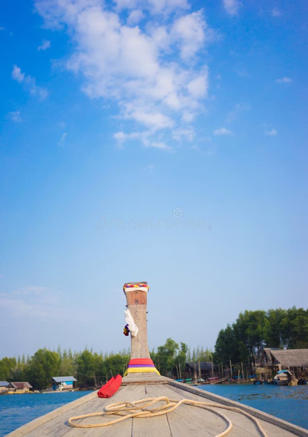 Long Boat on River, Blue Sky. Stock Photo - Image of boat, reflection ...
