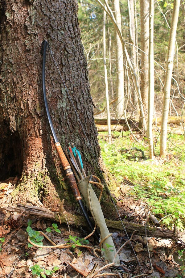 Long Bow and Arrows Near a Tree in Summer Forest Stock Photo - Image of ...