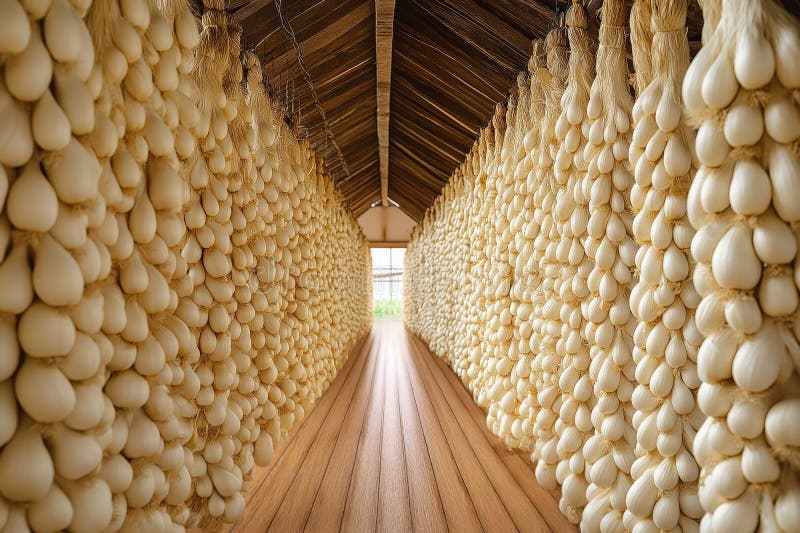 Long Braids of Rustic Garlic Bulbs Hanging Against Neutral Rustic ...