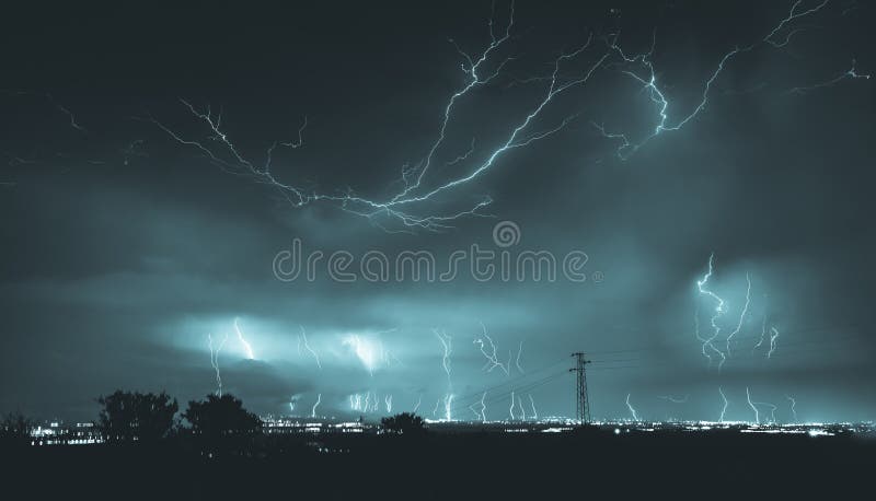 Long, Branched, Powerful Lightning Bolts Strike Down Behind the Trees ...