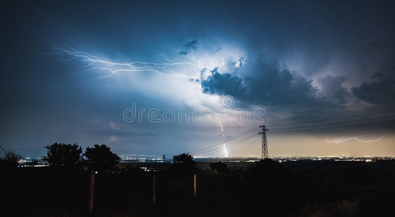 Long, Branched, Powerful Lightning Bolts Strike Down Behind the Trees ...