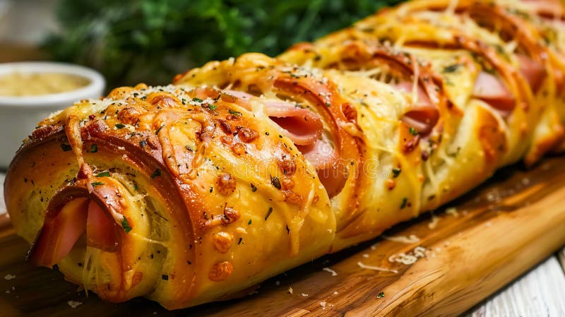 A Long Bread with Ham and Cheese on Top Stock Image - Image of food ...