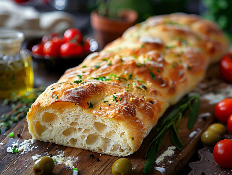 A Long Bread with Herbs and Tomatoes on a Cutting Board Stock Photo ...