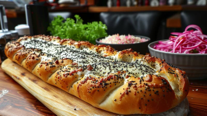 A Long Bread Roll Sitting on a Wooden Table with Other Food, AI Stock ...