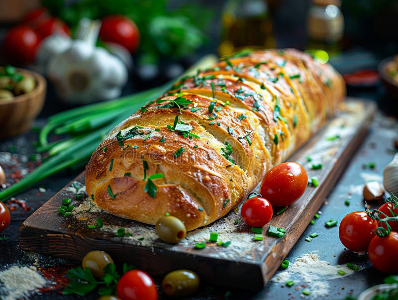 A Long Bread with Tomatoes and Herbs on a Cutting Board Stock Image ...