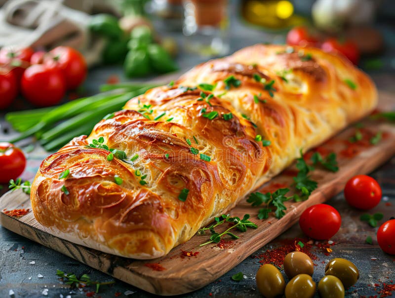 A Long Bread with Tomatoes and Herbs on a Cutting Board Stock Image ...