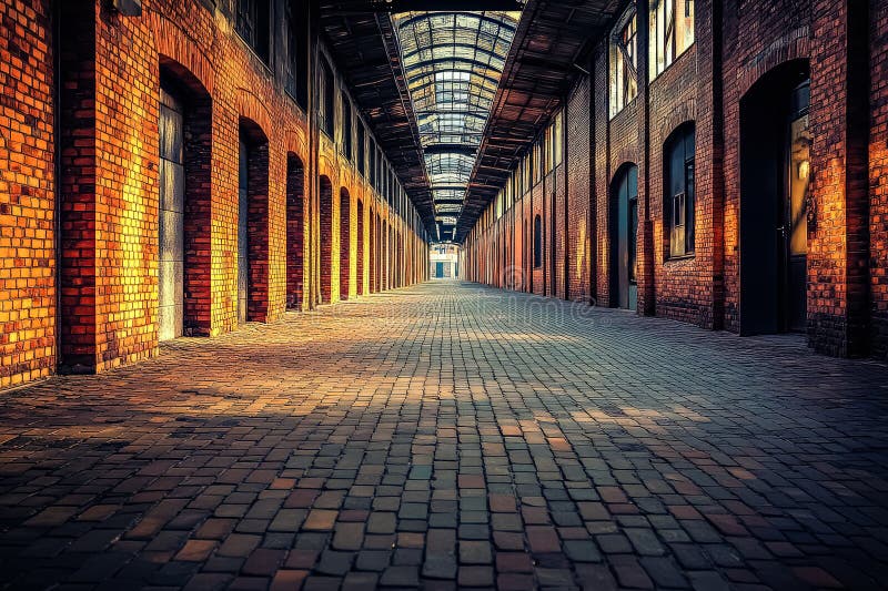 Long Brick Hallway with a Few Windows Stock Photo - Image of hall ...
