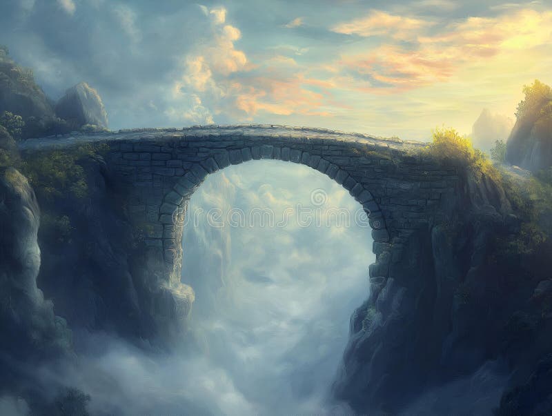 Long Bridge in Mountains, Misty Valley, Panoramic View, Soft Light ...