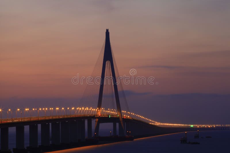 The Long Bridge Over the Sea at Night, the Bridge Has High Stand Column ...