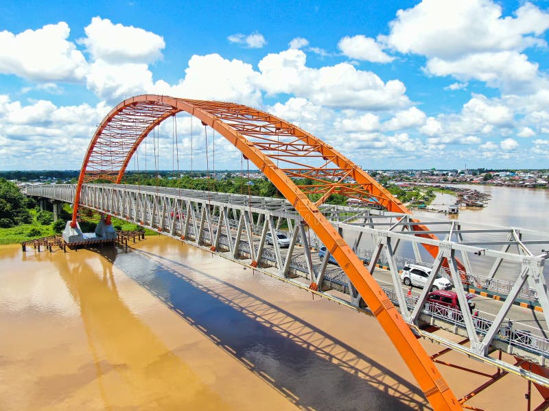 Long Bridge Stretch Out in the Landscape and River Below Stock Photo ...