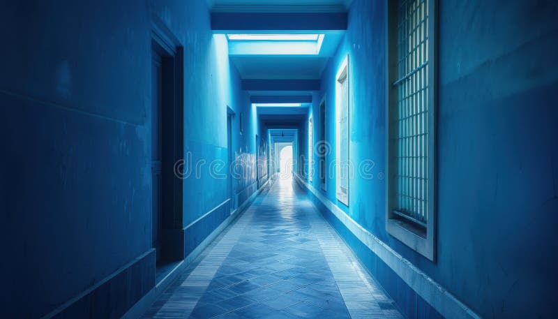 Bright Blue Corridor with Natural Light Entering from Above during the ...