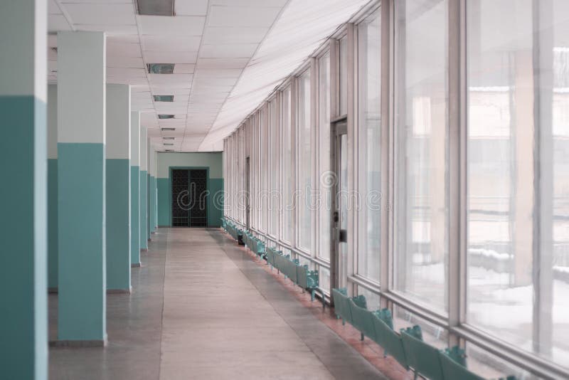Long Bright Empty Corridor with Wide Windows of the Old Building in the ...