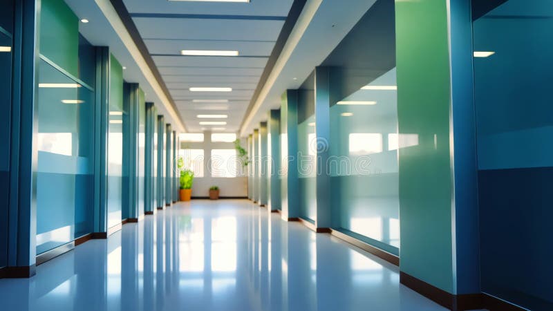 A Long Bright Hallway in a Modern Building with Glass Walls and Soft ...