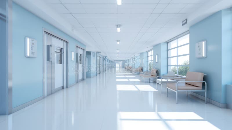 A Long, Bright Hospital Corridor with Rooms and Seating Stock ...