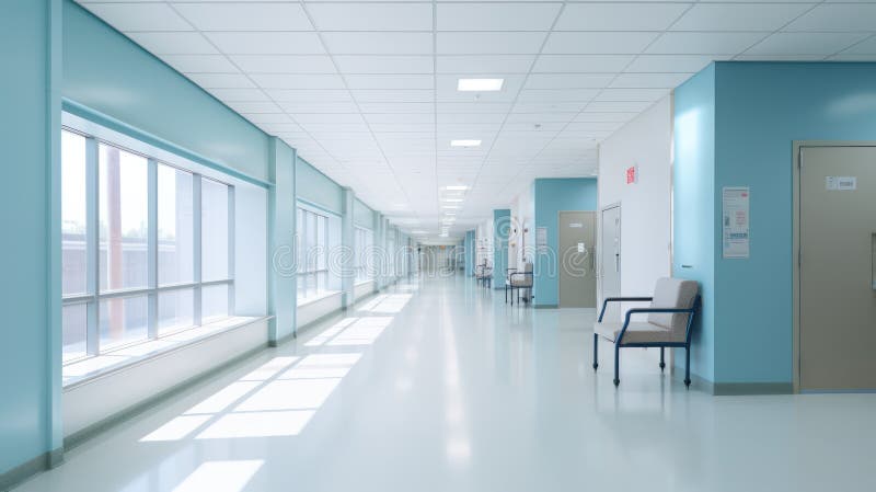 A Long, Bright Hospital Corridor with Rooms and Seating Stock ...