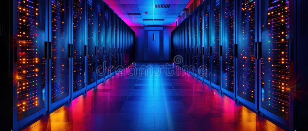 A Long, Brightly Lit Hallway with Rows of Server Racks on Either Side ...